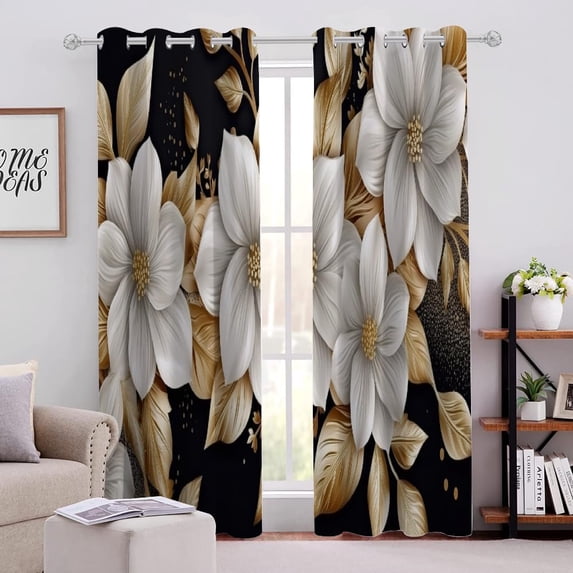 Blackout Curtains White Elegant Flowers Bright Golden Leaves 3D Printed ...
