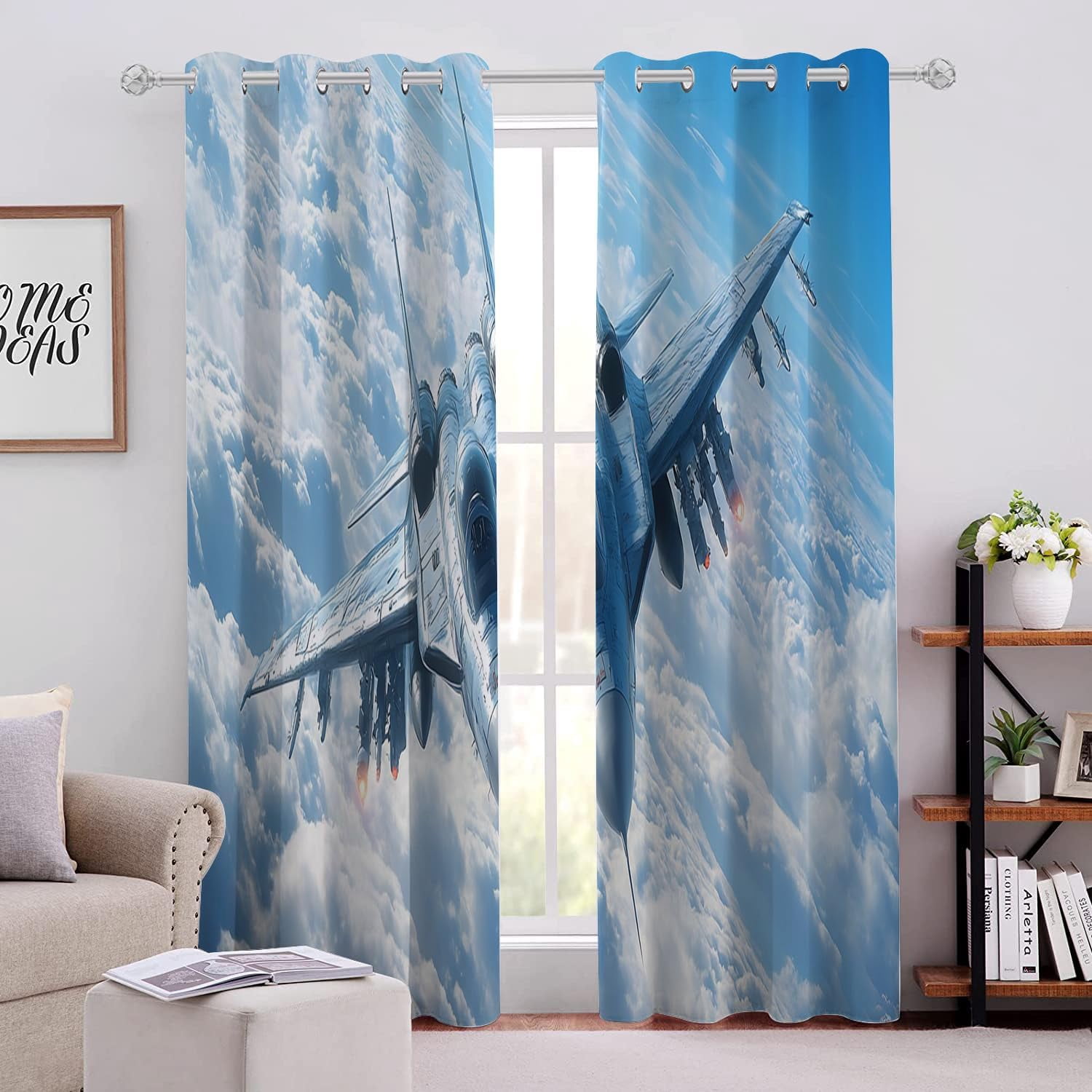 Blackout Curtains Window Curtain Flying Airplane White Clouds Sky, 3D ...