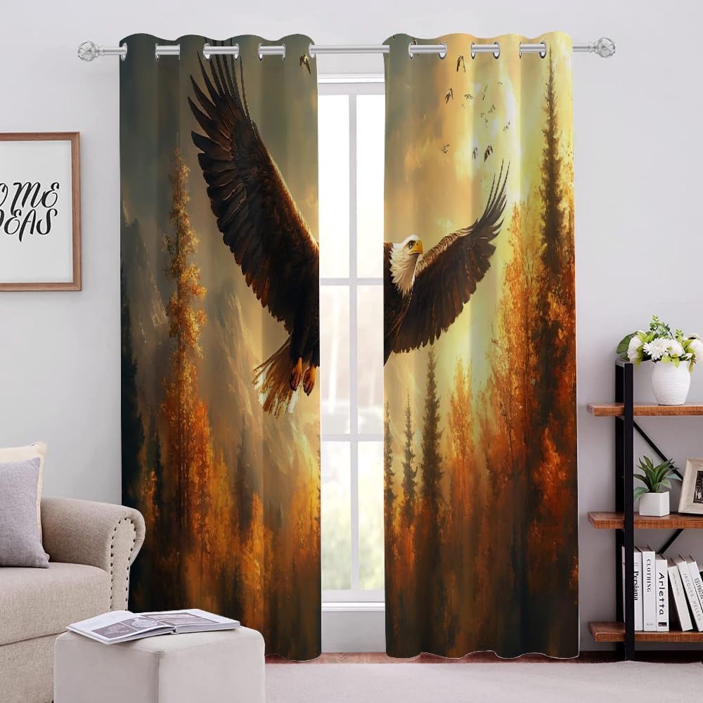 Blackout Curtains Window Curtain Flying Ferocious Eagle Sunset Forest ...