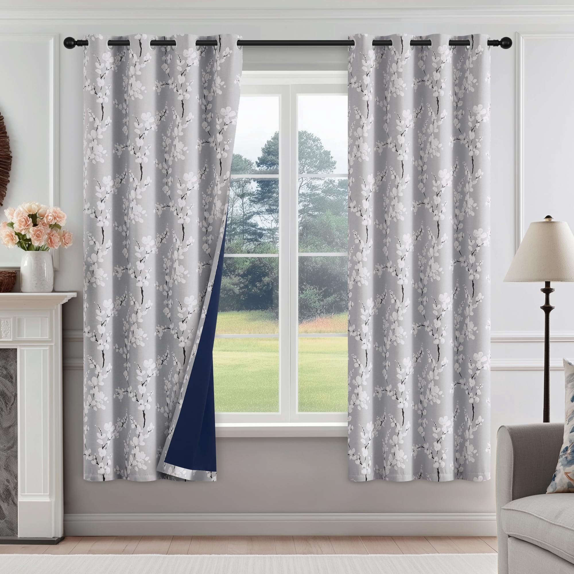 Blackout Floral Drapes Blossom | Grey, 50"W x 63"L (Pack of 2) for ...