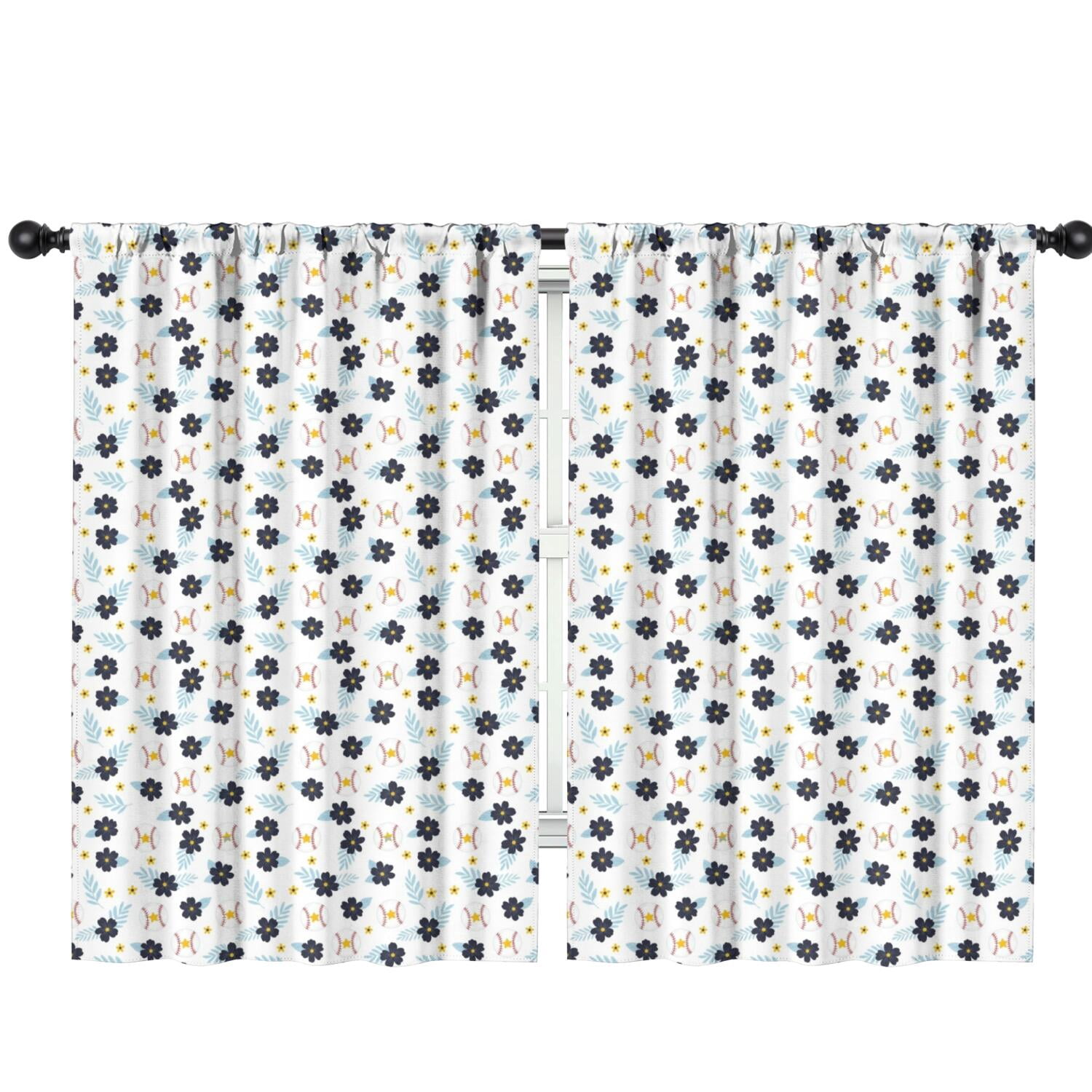 Blackout Kids Curtains,Baseballs and Flowers White Pattern Children's ...