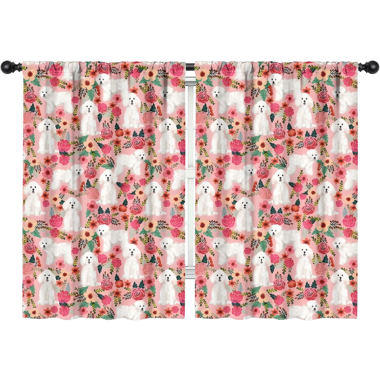 Blackout Kids Curtains,Bichon Frise Dog and Flower Childrens Insulated Curtains Set Of 2,Bedroom ...