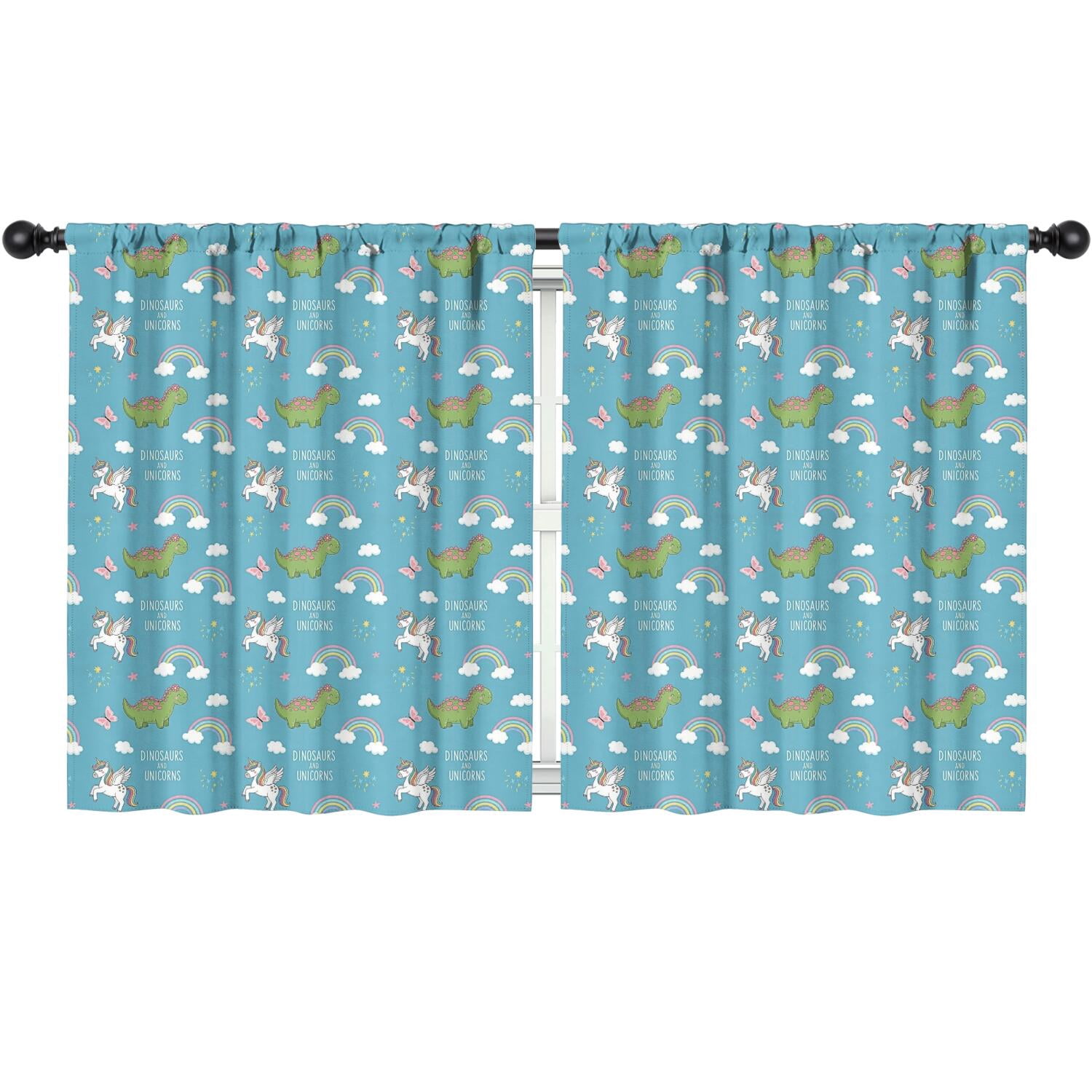 Blackout Kids Curtains,Blue Cartoon Dinosaur and Unicorn Rainbow Cloud ...