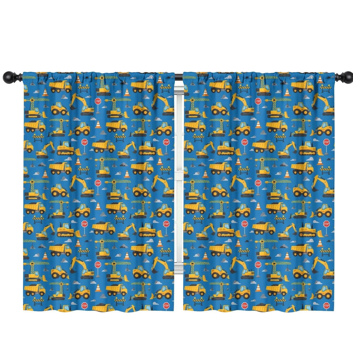 Blackout Kids Curtains,Cartoon Construction Vehicles Barriers Blue ...