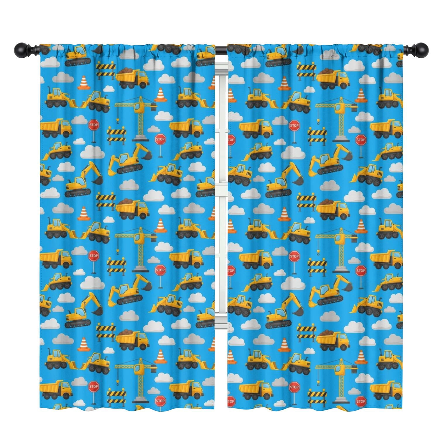 Blackout Kids Curtains,Cartoon Construction Vehicles Barriers Blue ...