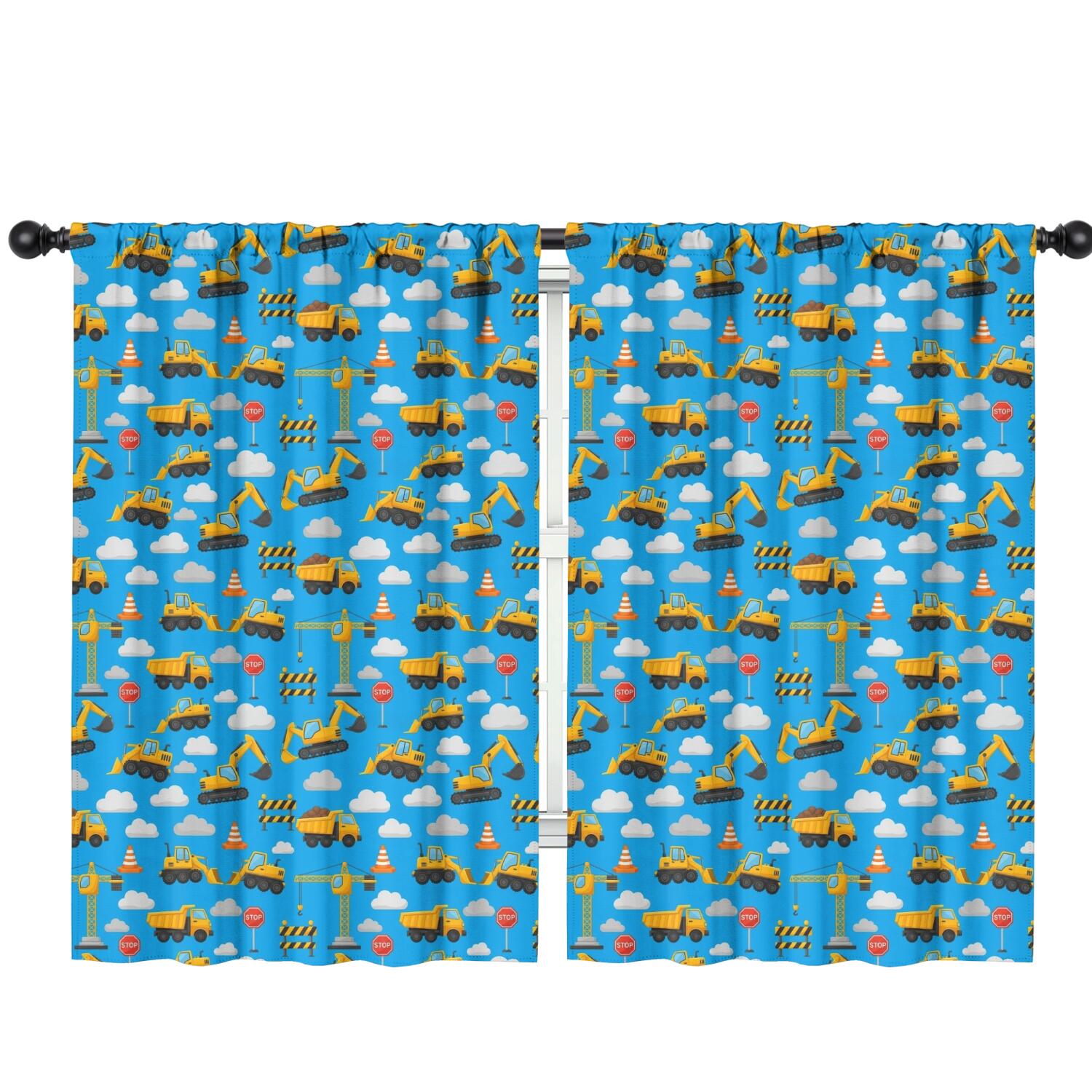 Blackout Kids Curtains,Cartoon Construction Vehicles Barriers Blue ...