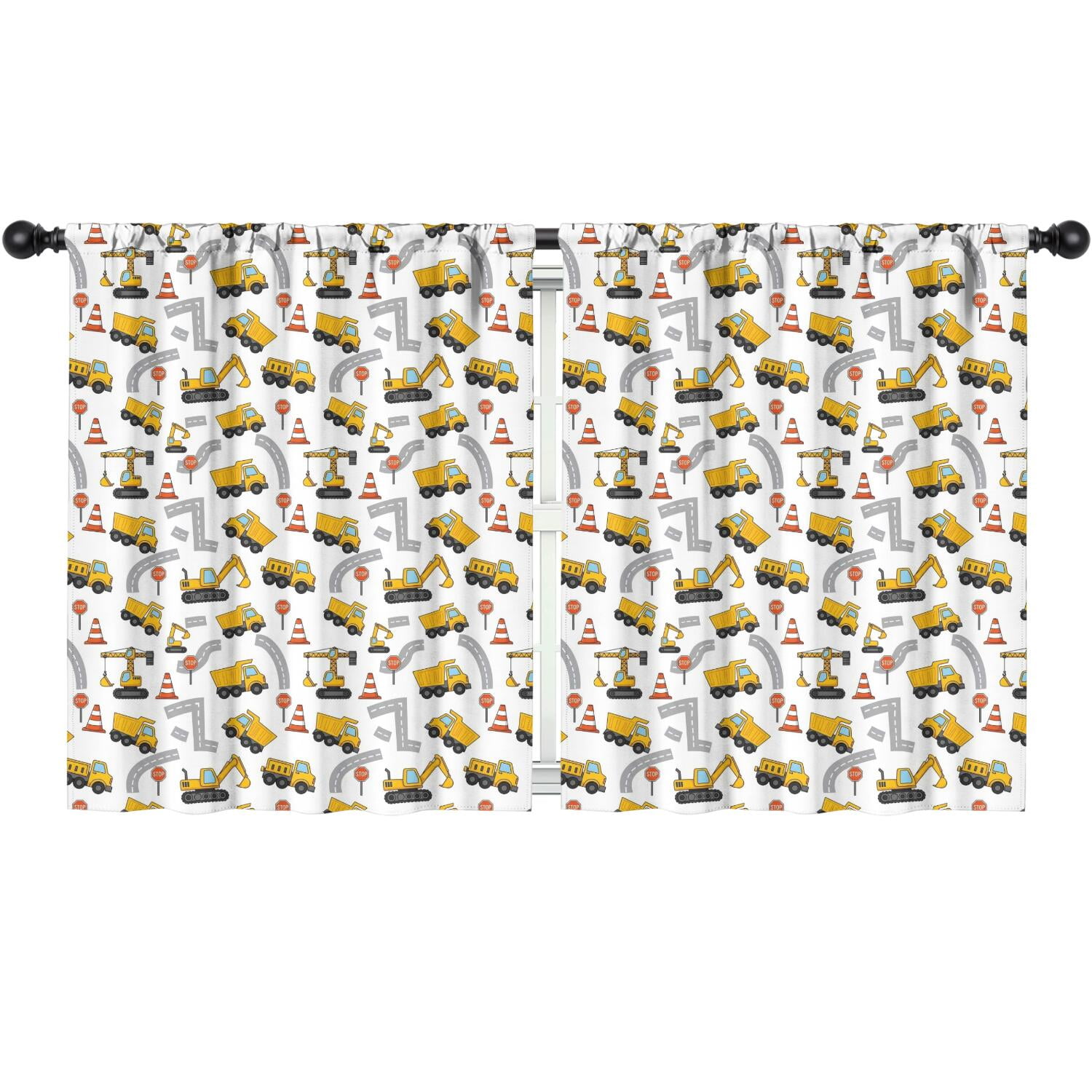 Blackout Kids Curtains,Cartoon Construction Vehicles Road Cones White ...