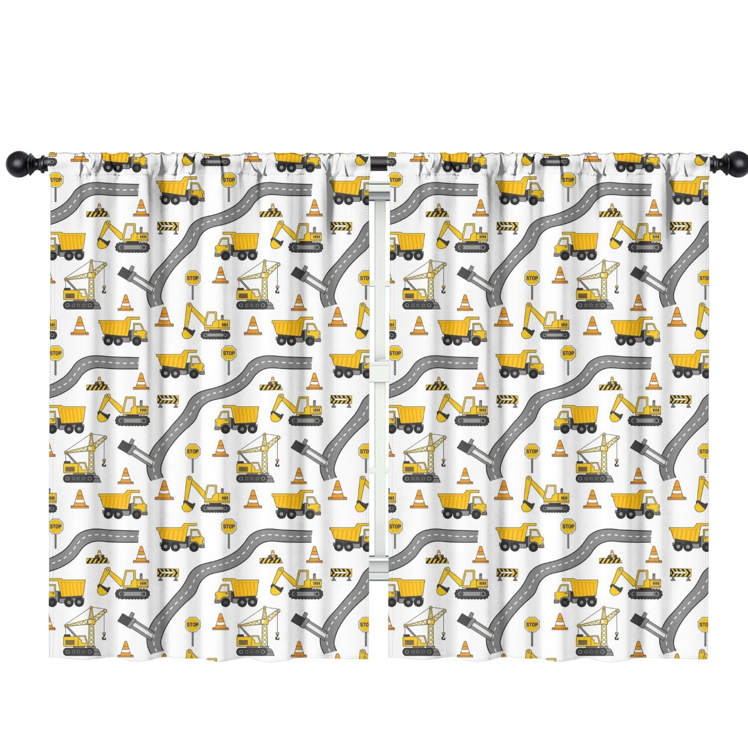 Blackout Kids Curtains,Cartoon Construction Vehicles Roads White ...