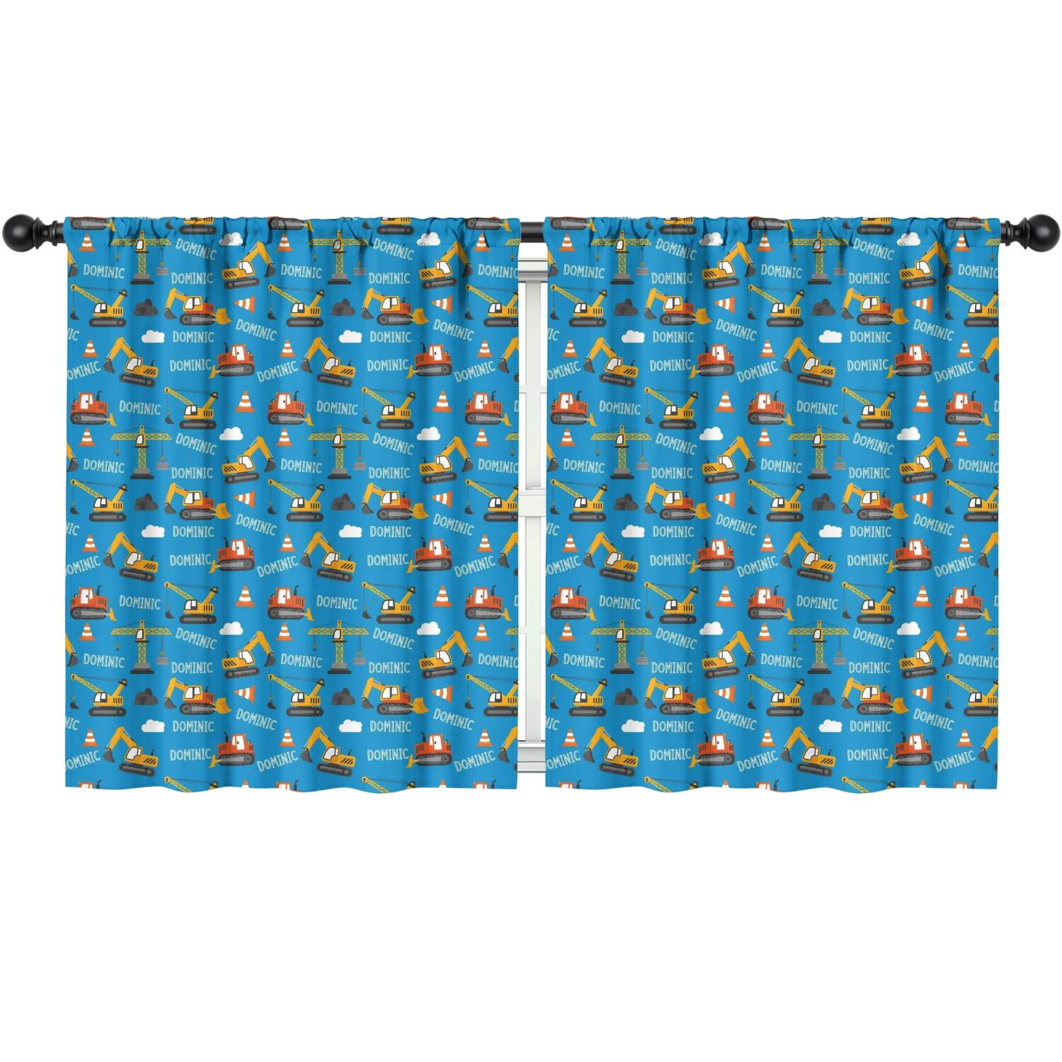 Blackout Kids Curtains,Cartoon Construction Vehicles Text Blue Pattern ...