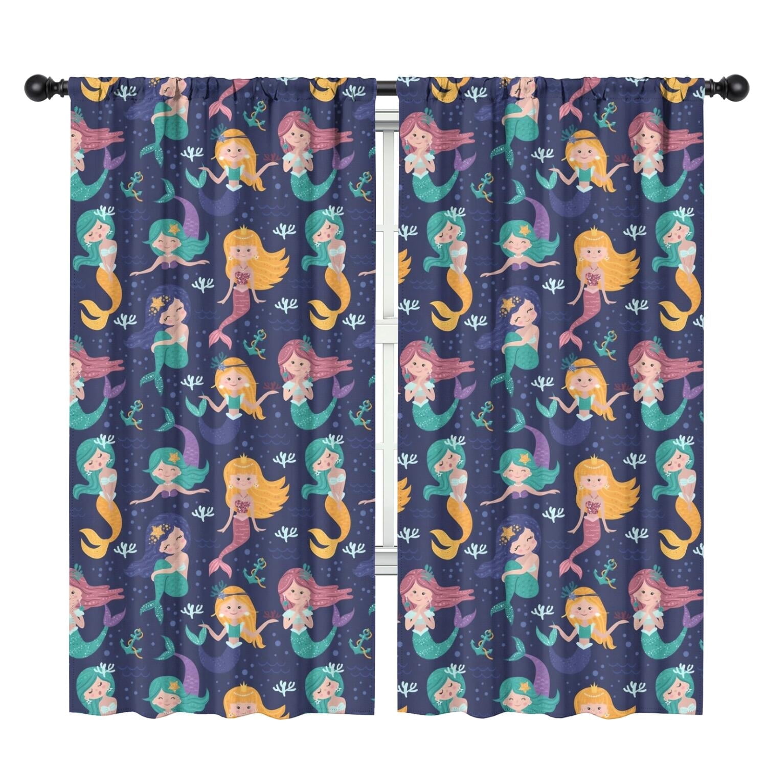 Blackout Kids Curtains,Dark Blue Mermaid Princess Pattern Childrens ...