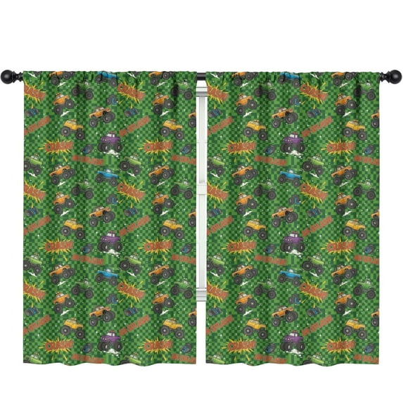 Blackout Kids Curtains,Green Checkered Monster Cartoon Trucks Pattern ...