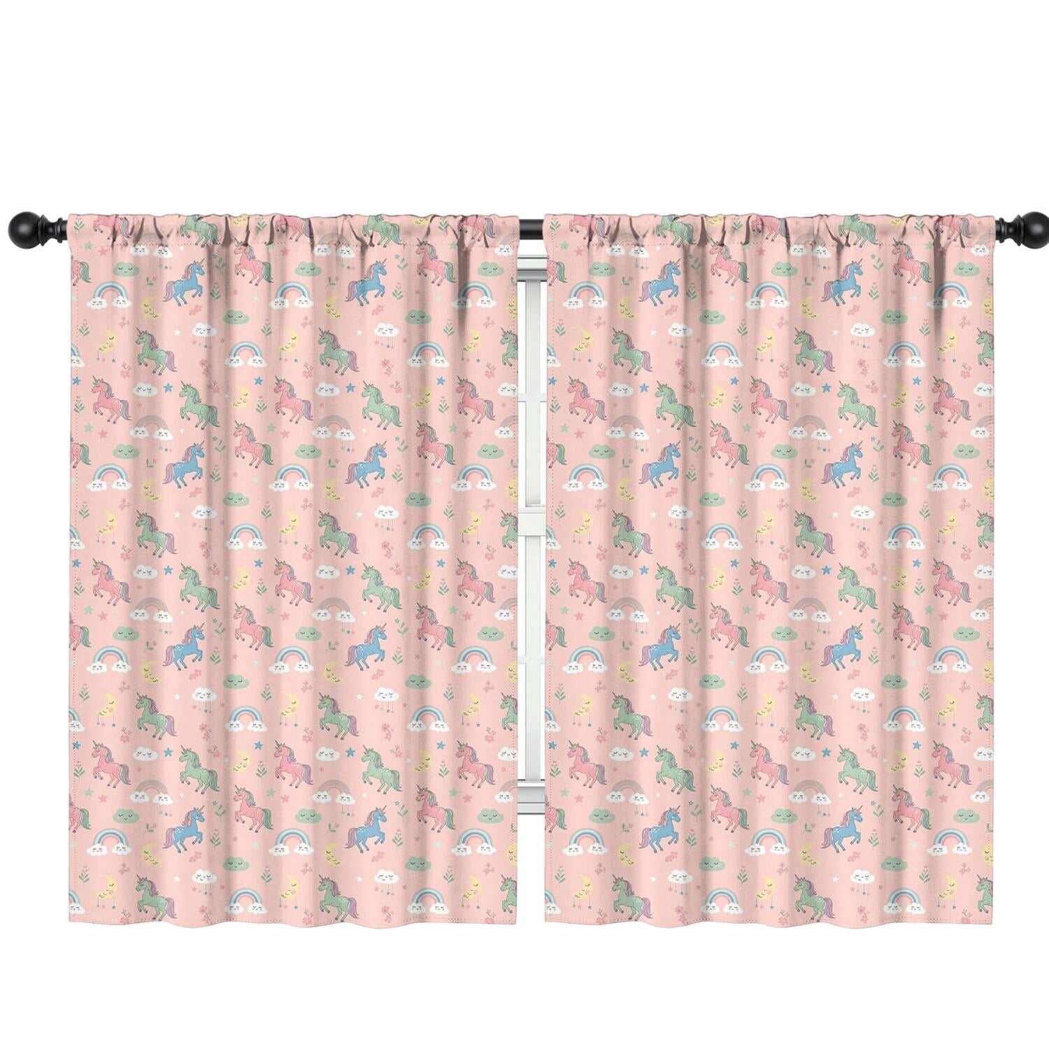 Blackout Kids Curtains,Pink Cartoon Unicorn Rainbow Cloud Bird Pattern ...
