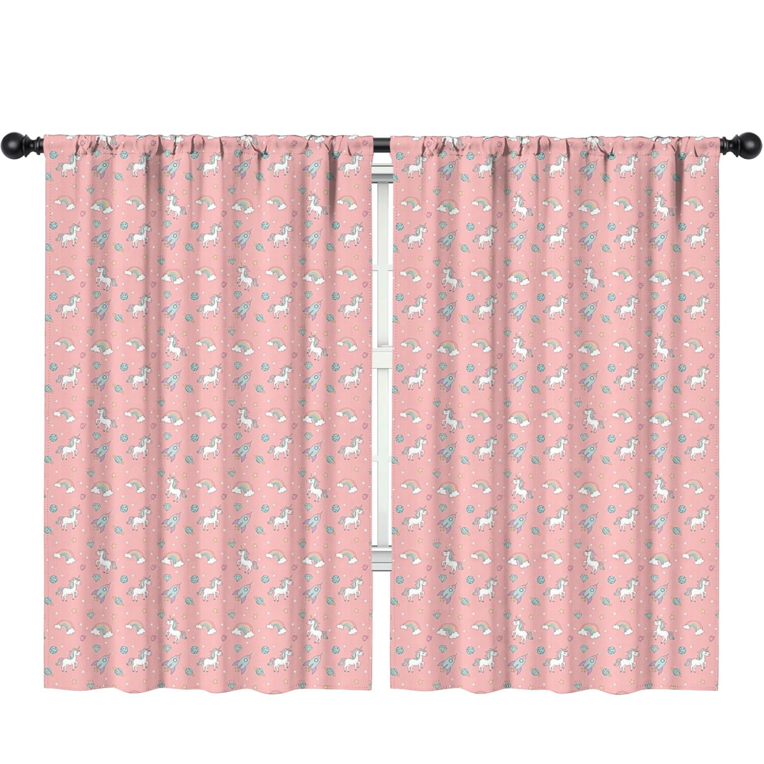 Blackout Kids Curtains,Pink Cartoon Unicorn Rainbow Rocket Cloud ...