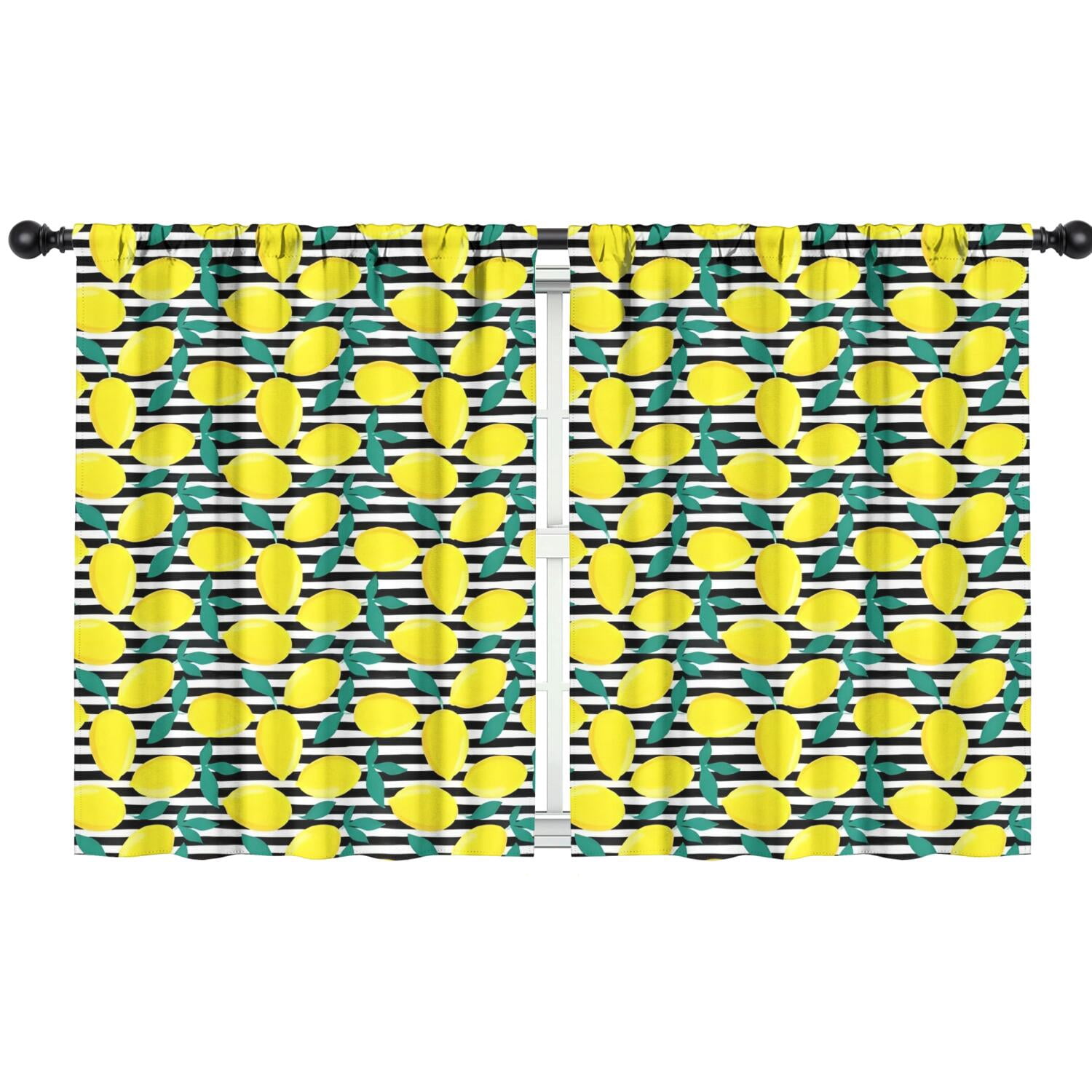 Blackout Kids Curtains,Yellow Lemon Fruit Leaves BlackWhite Pattern ...