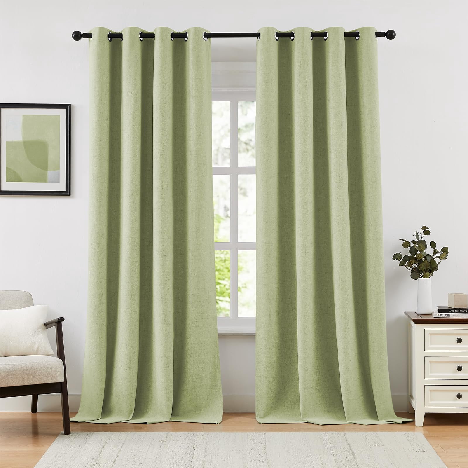 Blackout Linen Curtains For Bedroom Sage Green 84 Inch Length 2 Panels ...
