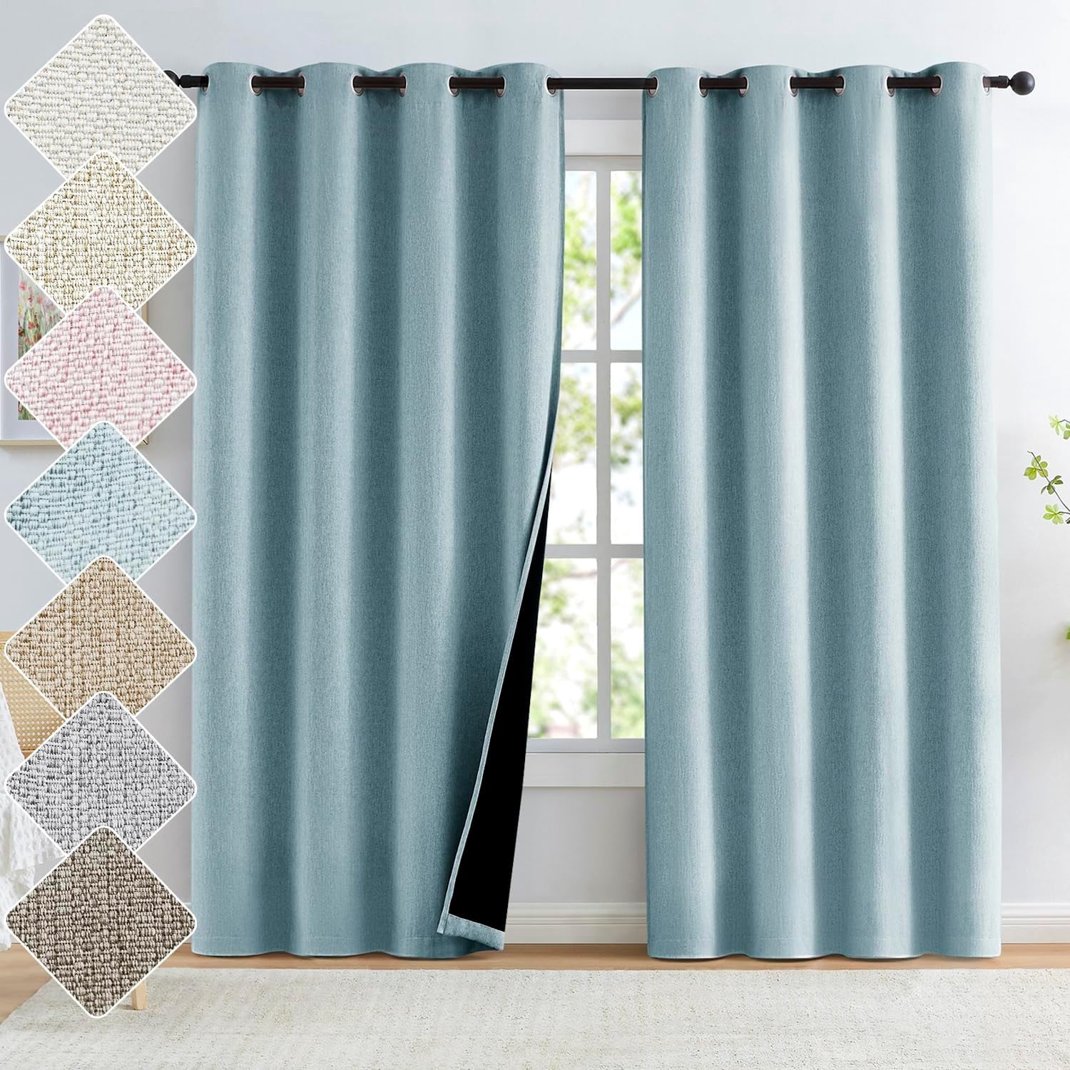 Blackout Linen Textured Curtains for Living Room, Blue 52" Wide, 95 ...