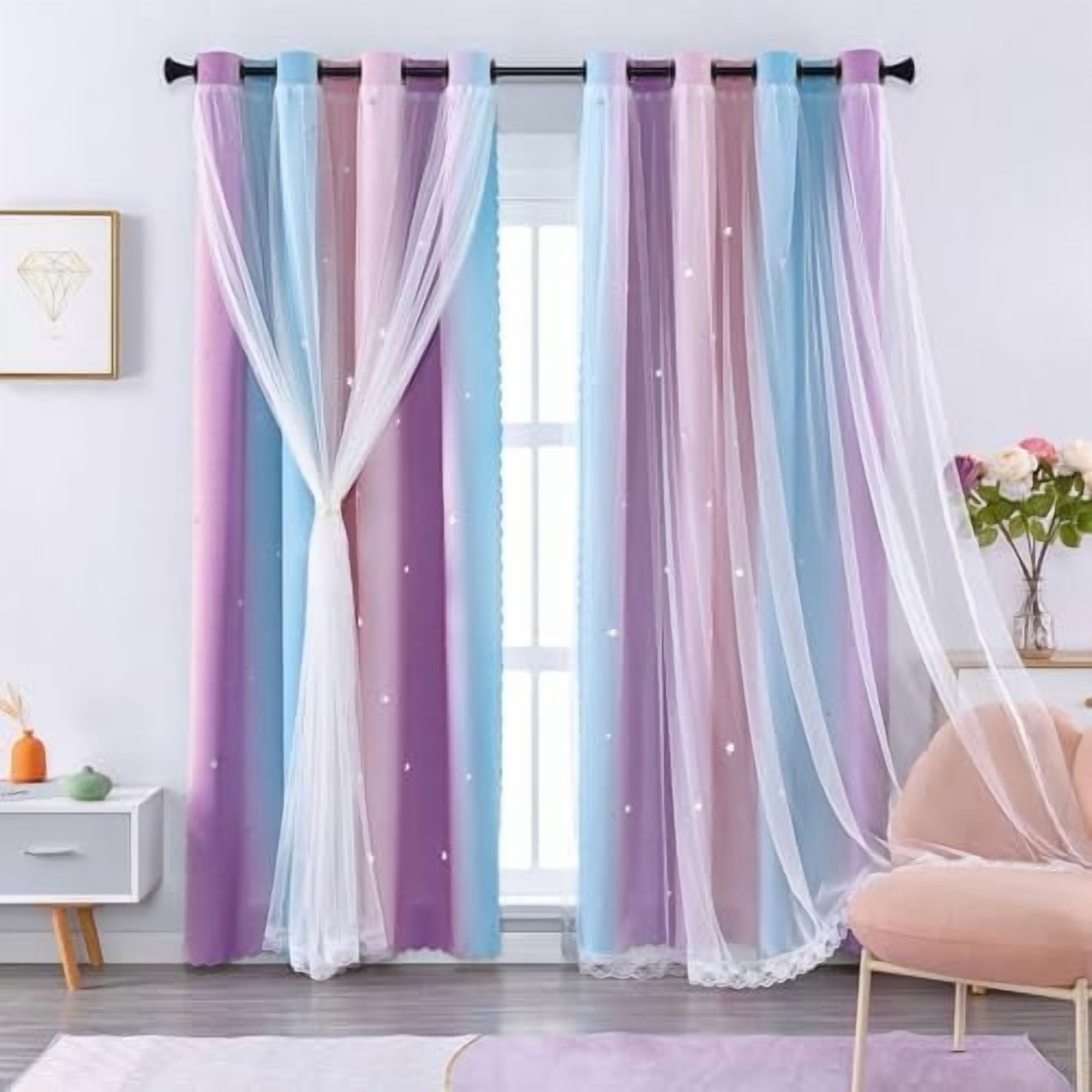 Blackout Rainbow Curtains for Girls Bedroom Double Layer with Sheer ...