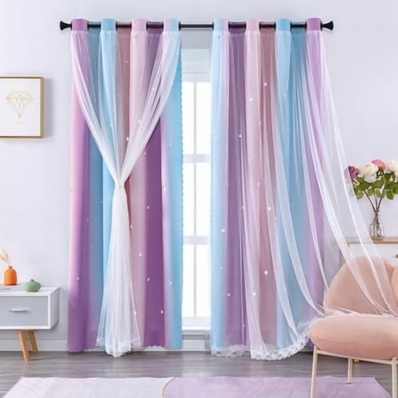 Blackout Rainbow Curtains for Girls Bedroom Double Layer with Sheer ...