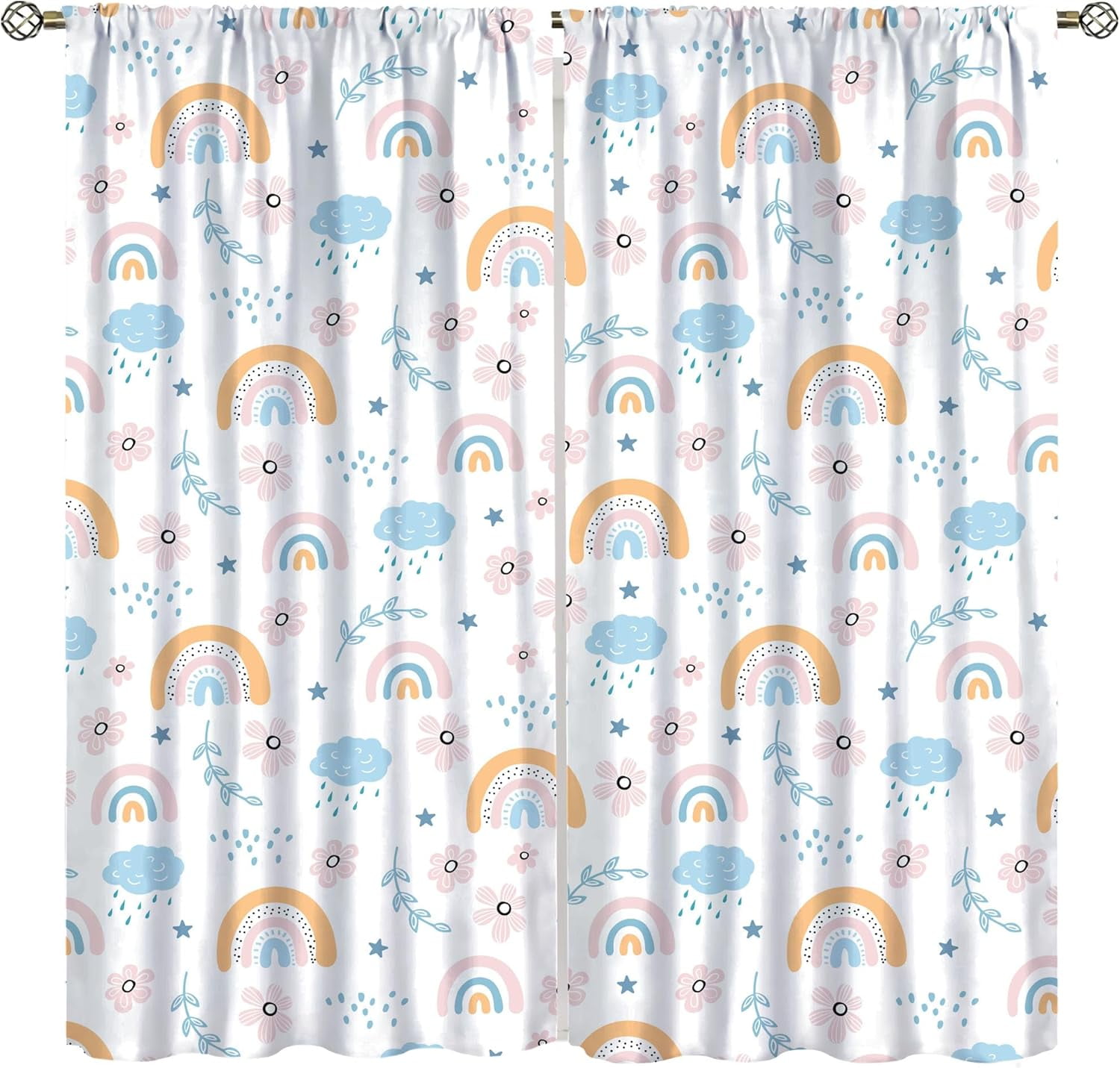 Blackout Rainbow Curtains Kids Room 2 Panel Cartoon Clouds Rainbow Boho ...