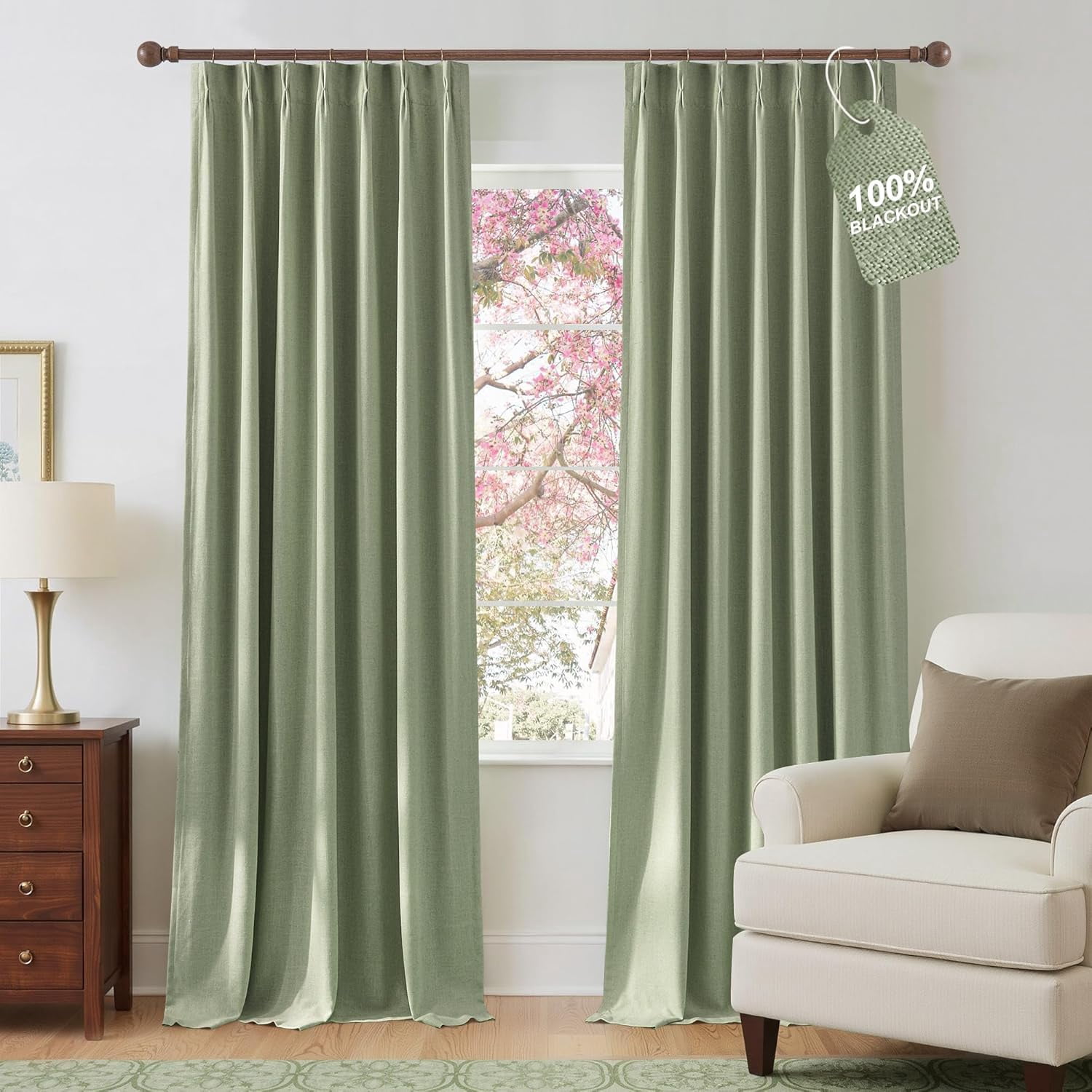 Blackout Sage Curtains 102 inch Long, Pinch Pleated Thermal Window ...