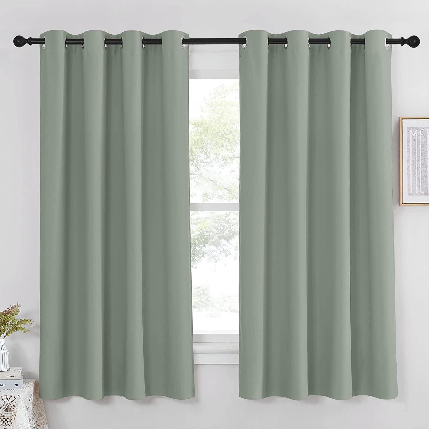 Blackout Sage Green Curtain & Drape for Bedroom - Grommet Top Thermal ...