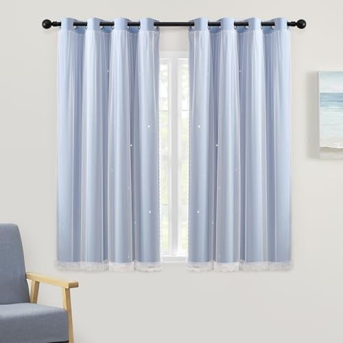 Blackout Short Curtain 2 Panels for Kitchen Cafe Light Blue Cut Out ...