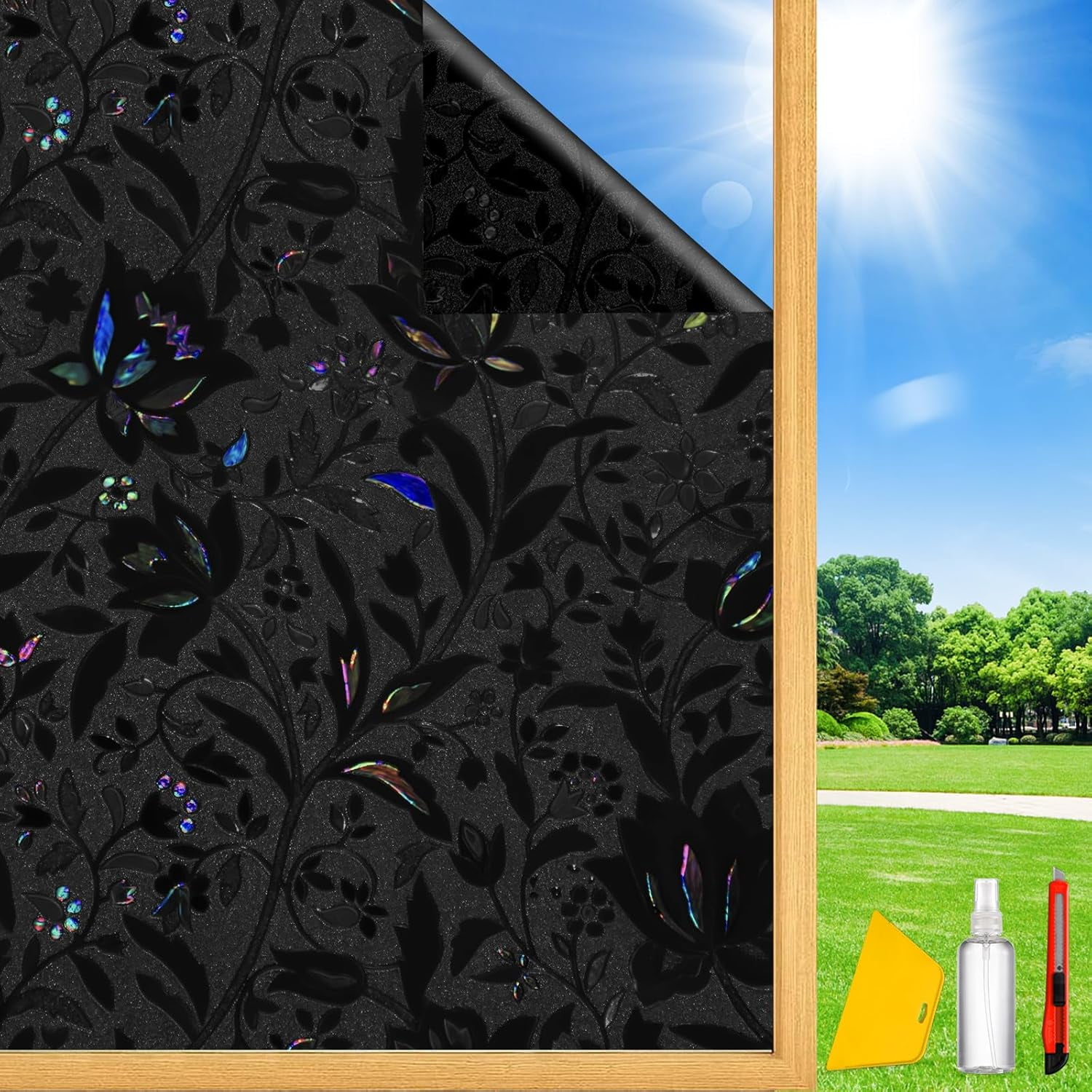 Blackout Window Privacy Film Decorative with Tulip Design, Removable ...