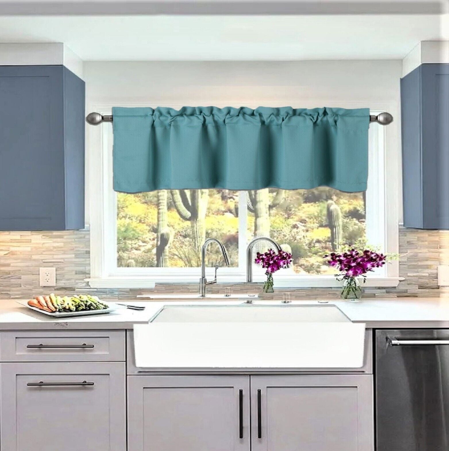 Blackout thermal insulated 1pc TVLO teal valance curtain for kitchen ...