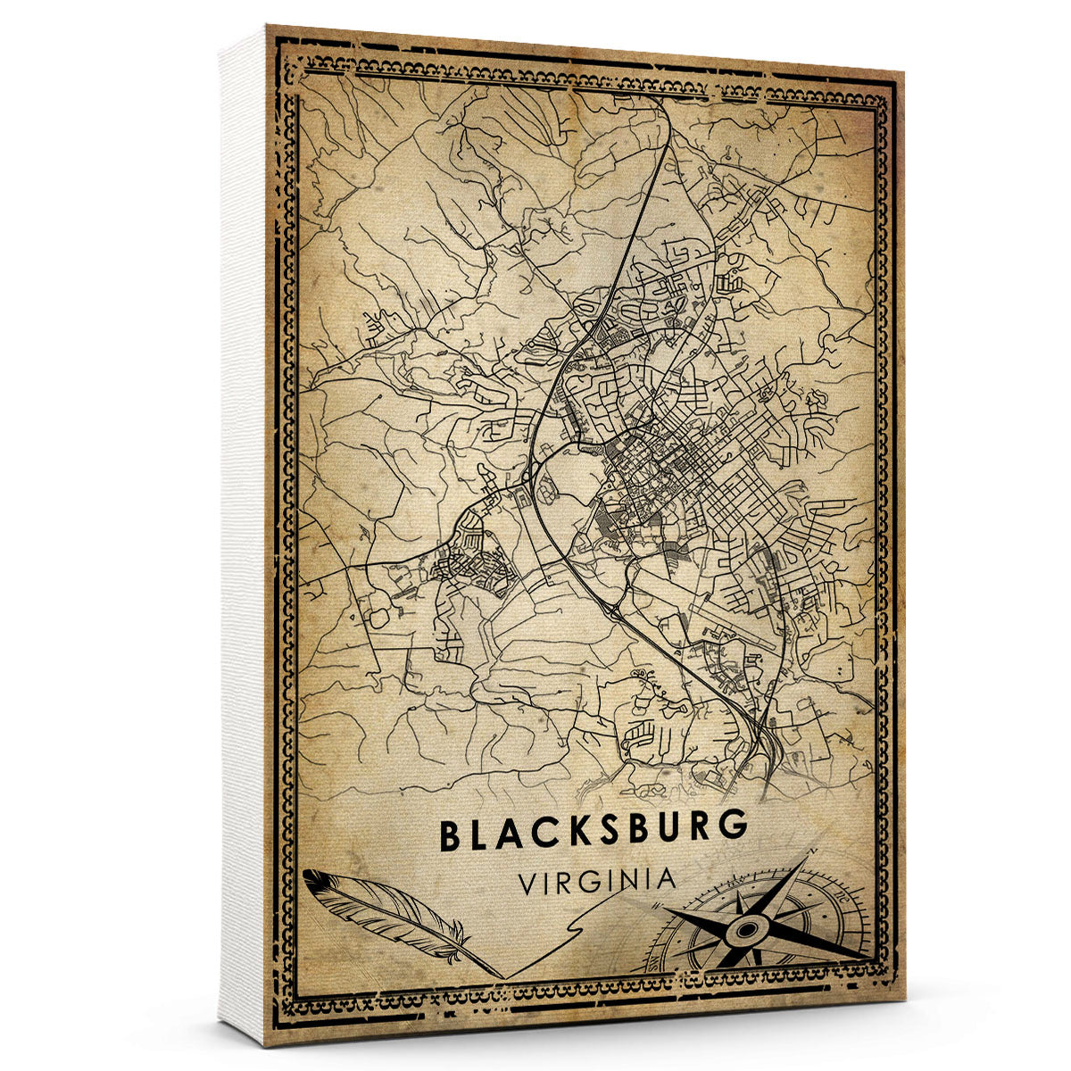 Blacksburg Vintage Map Prints Canvas, Virginia Map Art Canvas, Canvas ...