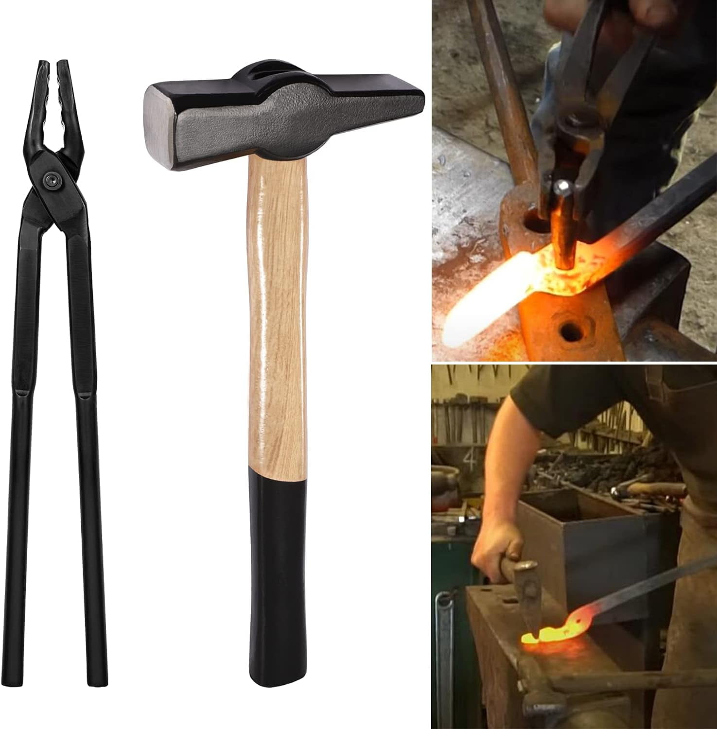 Blacksmith Forging Tools Kit Wolf Jaw Tongs (15'') & Blacksmith Hammer ...
