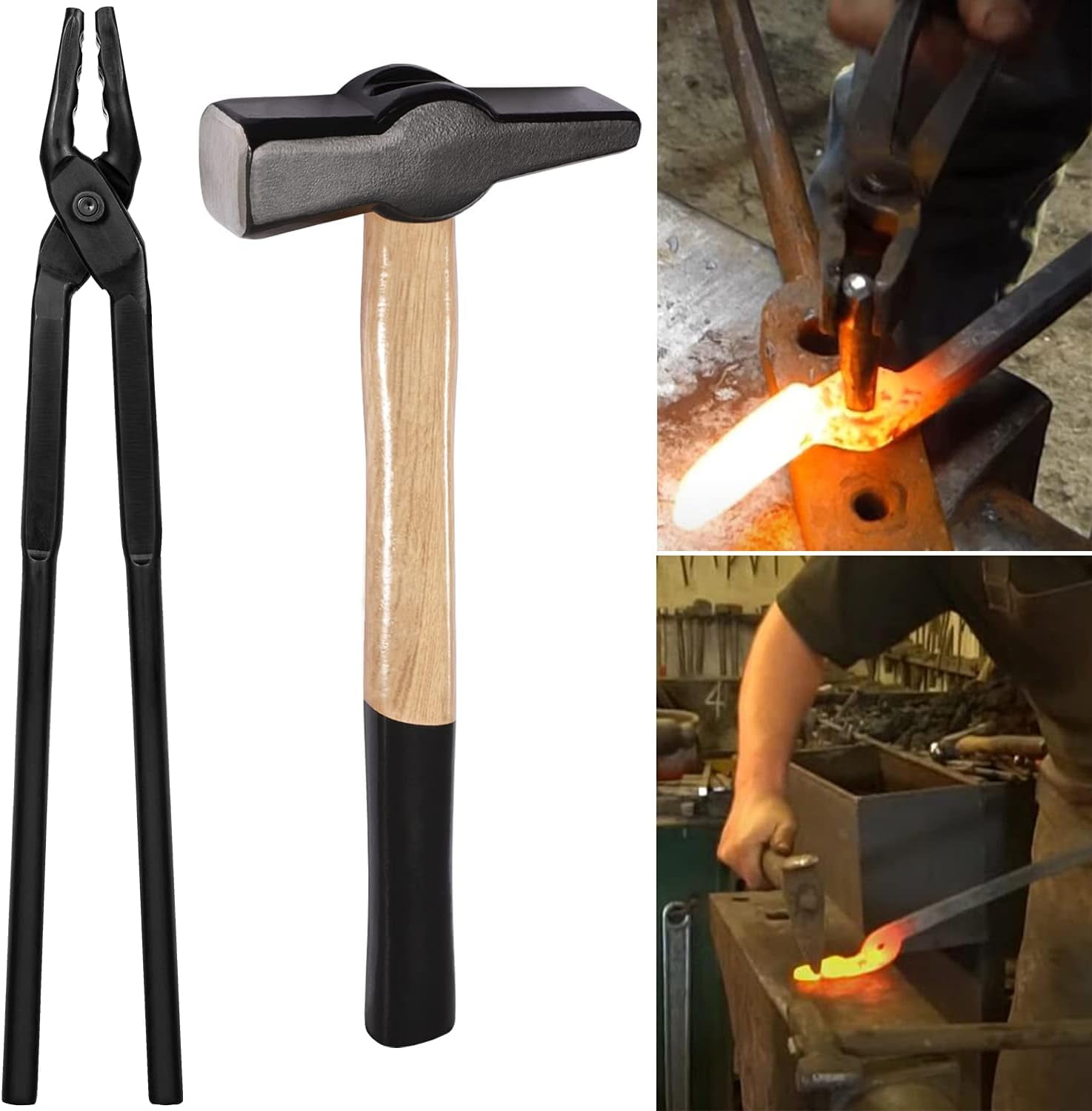 Blacksmith Forging Tools Kit Wolf Jaw Tongs (16'') & Blacksmith Hammer ...