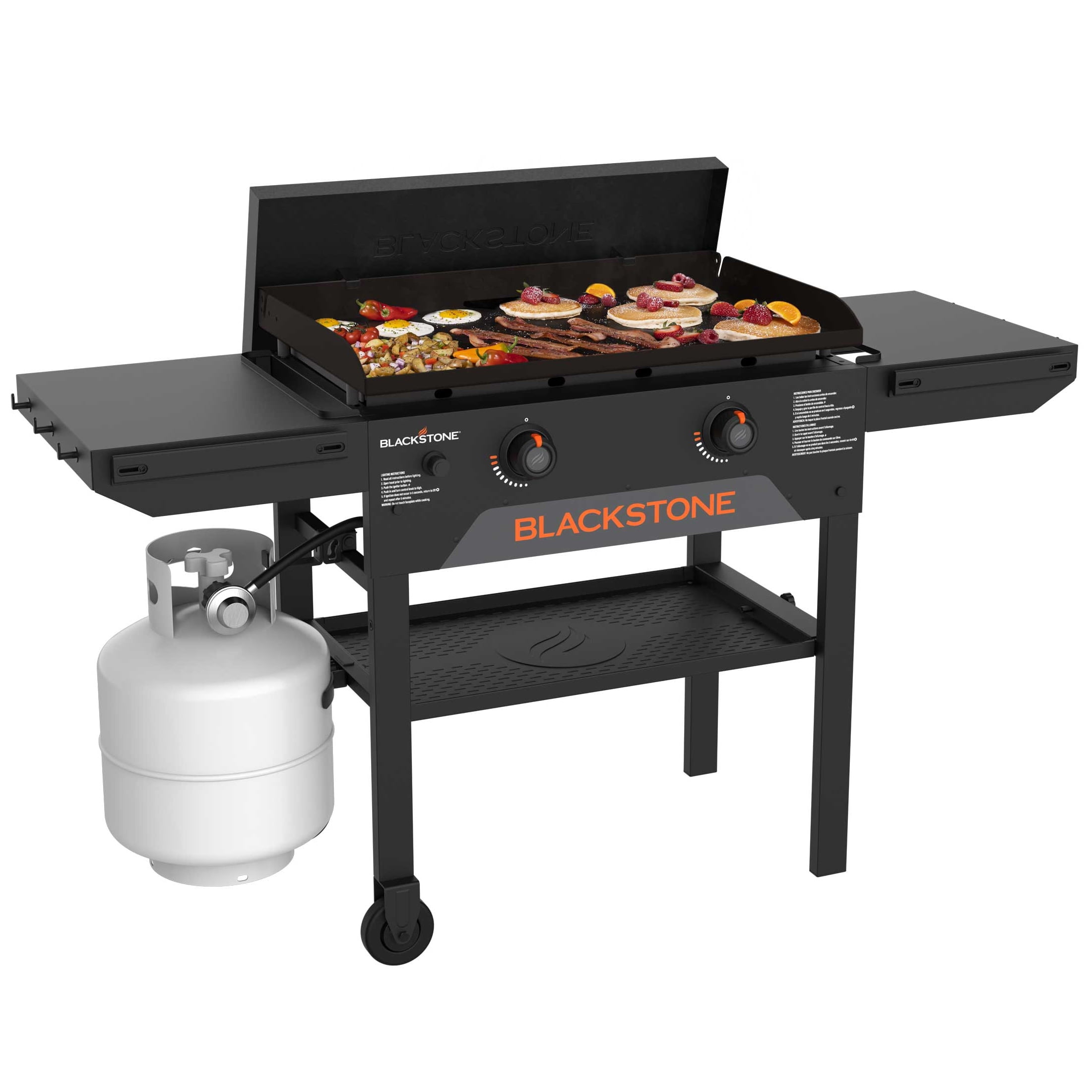 Blackstone Original 2-Burner 28" Propane Omnivore Griddle with Hard Cover and Dual Side Shelves ...