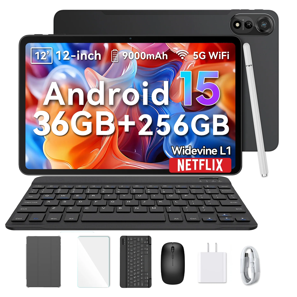 Blackview Tablet 12 inch 256GB ROM 36GB RAM Octa-core Android 15 AI Computer Tablets With Case ...