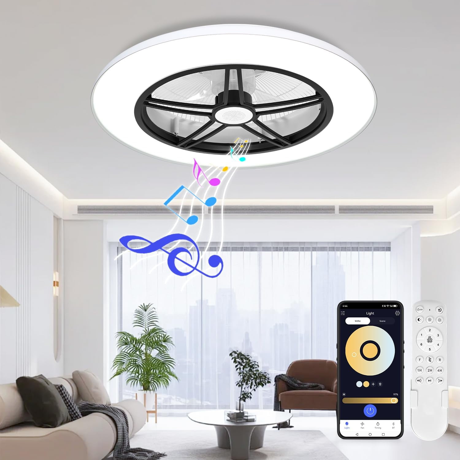 Bladeless Ceiling Fan with Speaker, Low Profile Ceiling Fan with Light ...