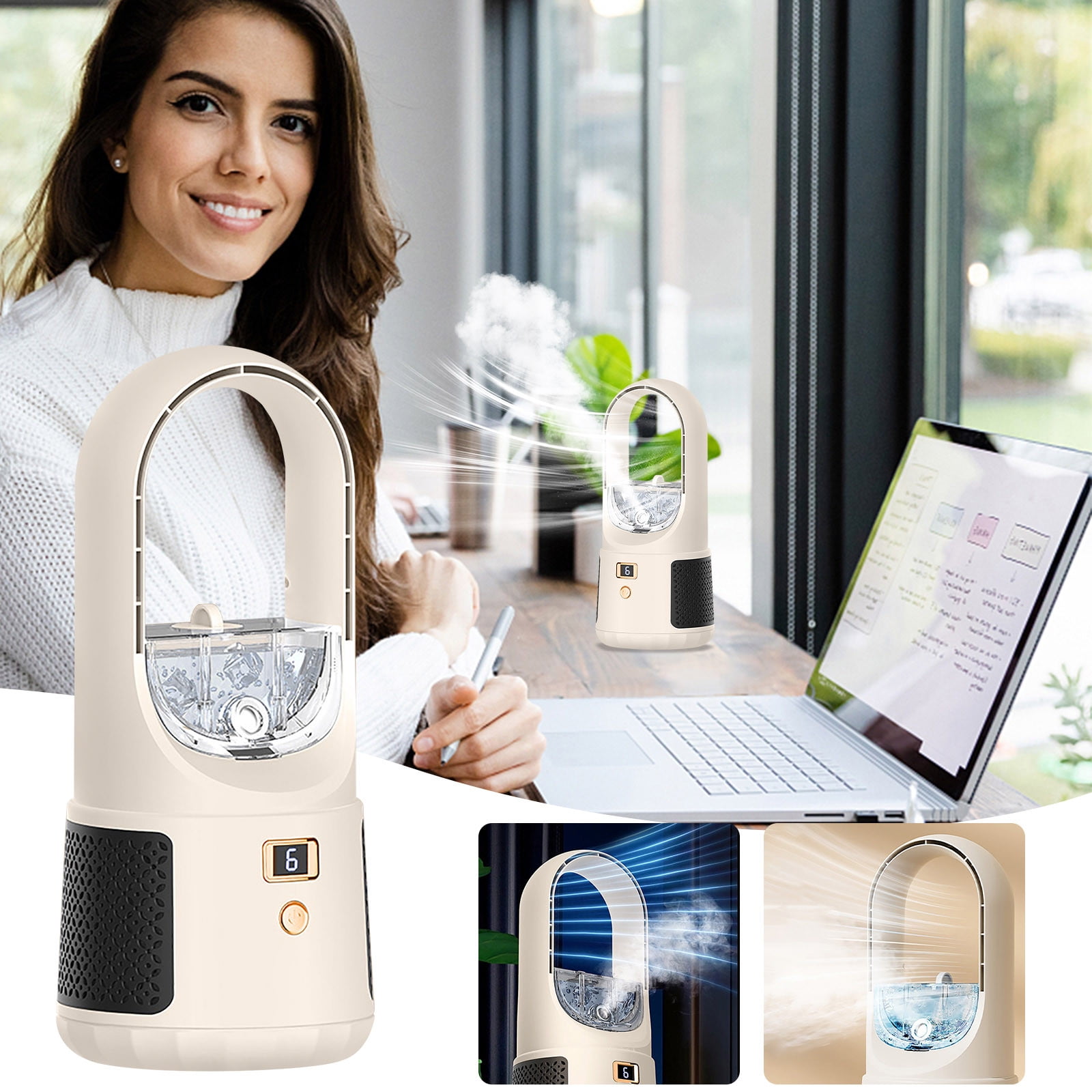 Bladeless Desktop Humidification Tower Fan | USB Rechargeable Vertical ...