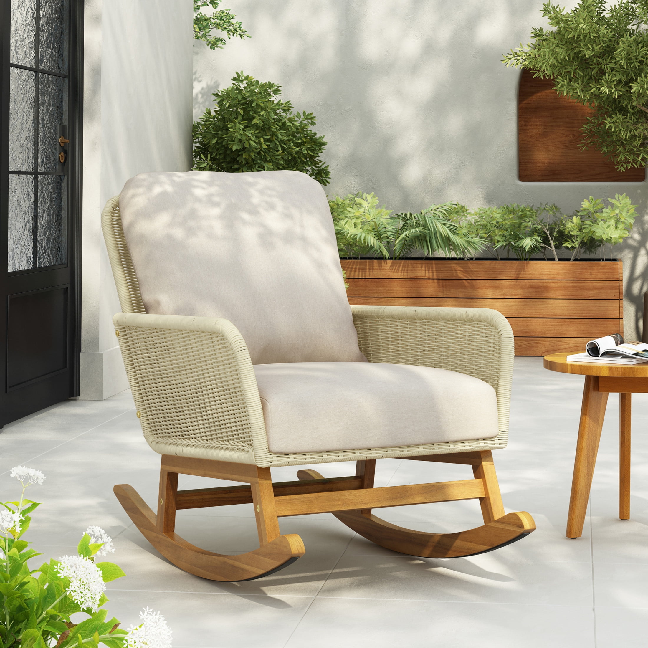 Blaire Outdoor Patio Wicker Rocking Chair with Cushions, Solid Wood ...