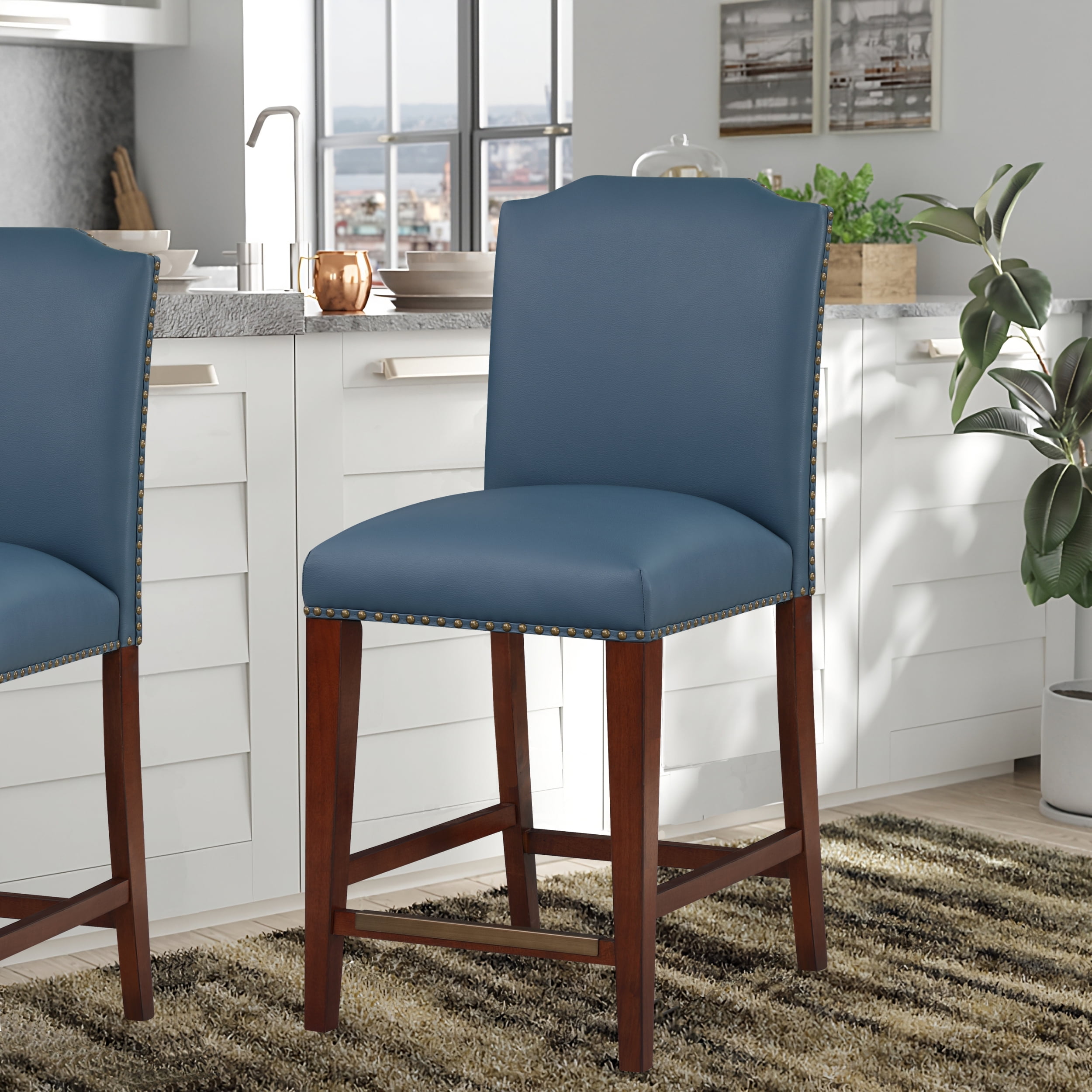Blaire Stationary Blue Faux Leather Counter Stool with Nail Heads 77670 ...