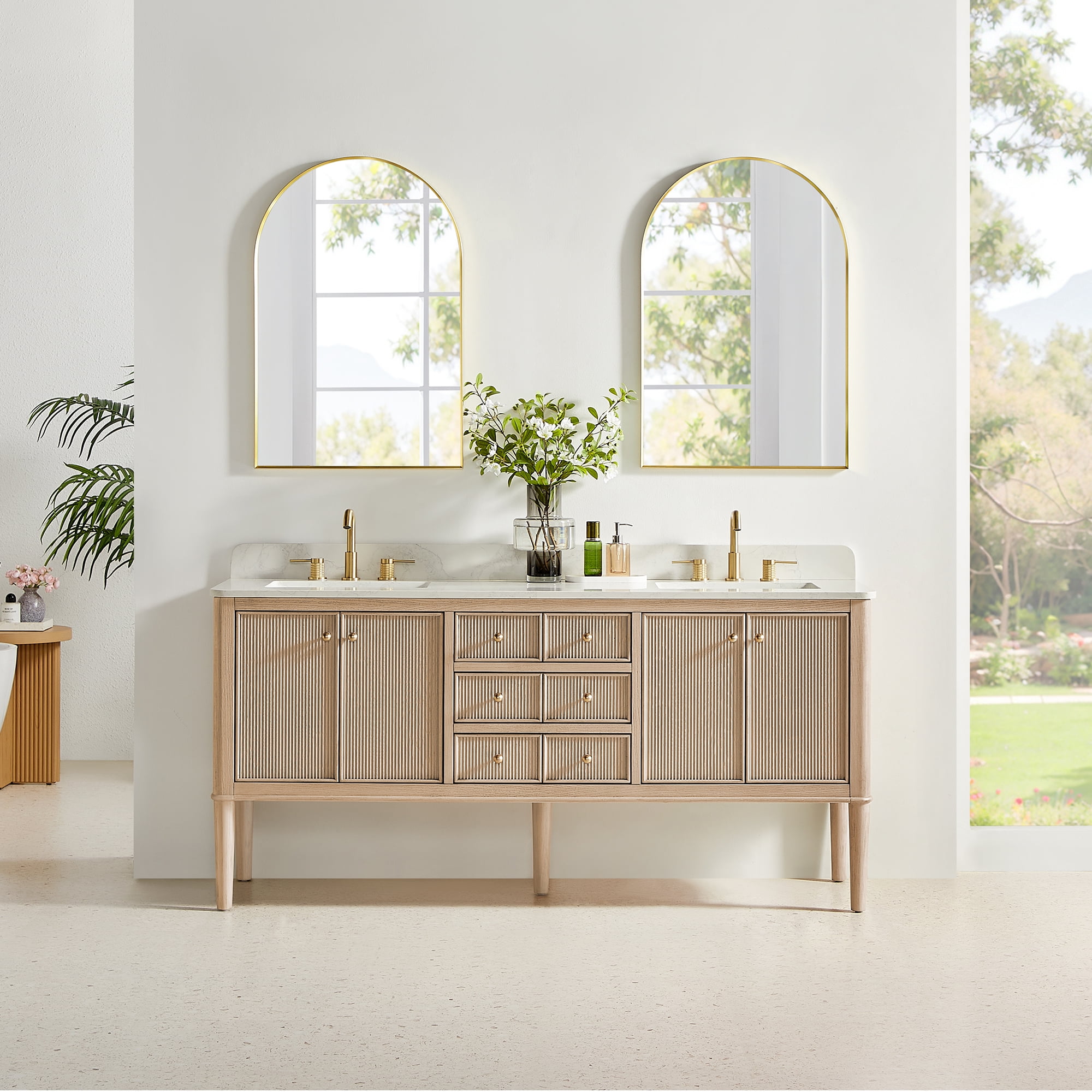 Blaise 72" Double Wood Vanity in Light Oak with Grain White Engineered ...