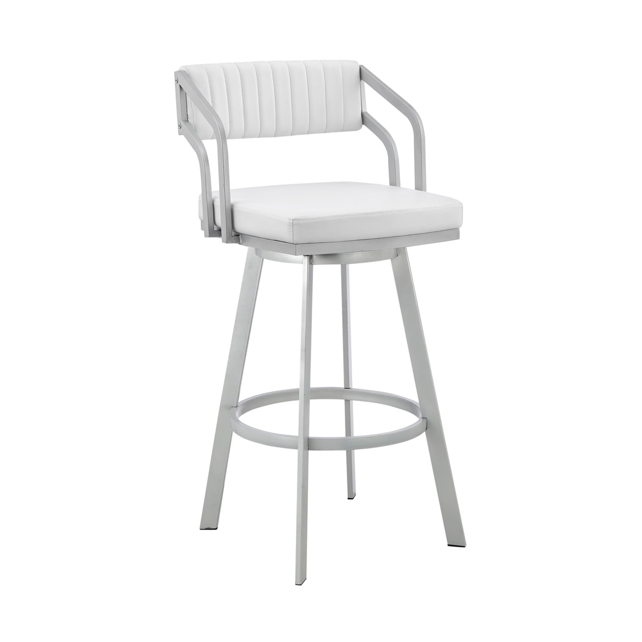 Blake 30 Inch Swivel Bar Stool, Open Back, Silver, White Faux Leather ...