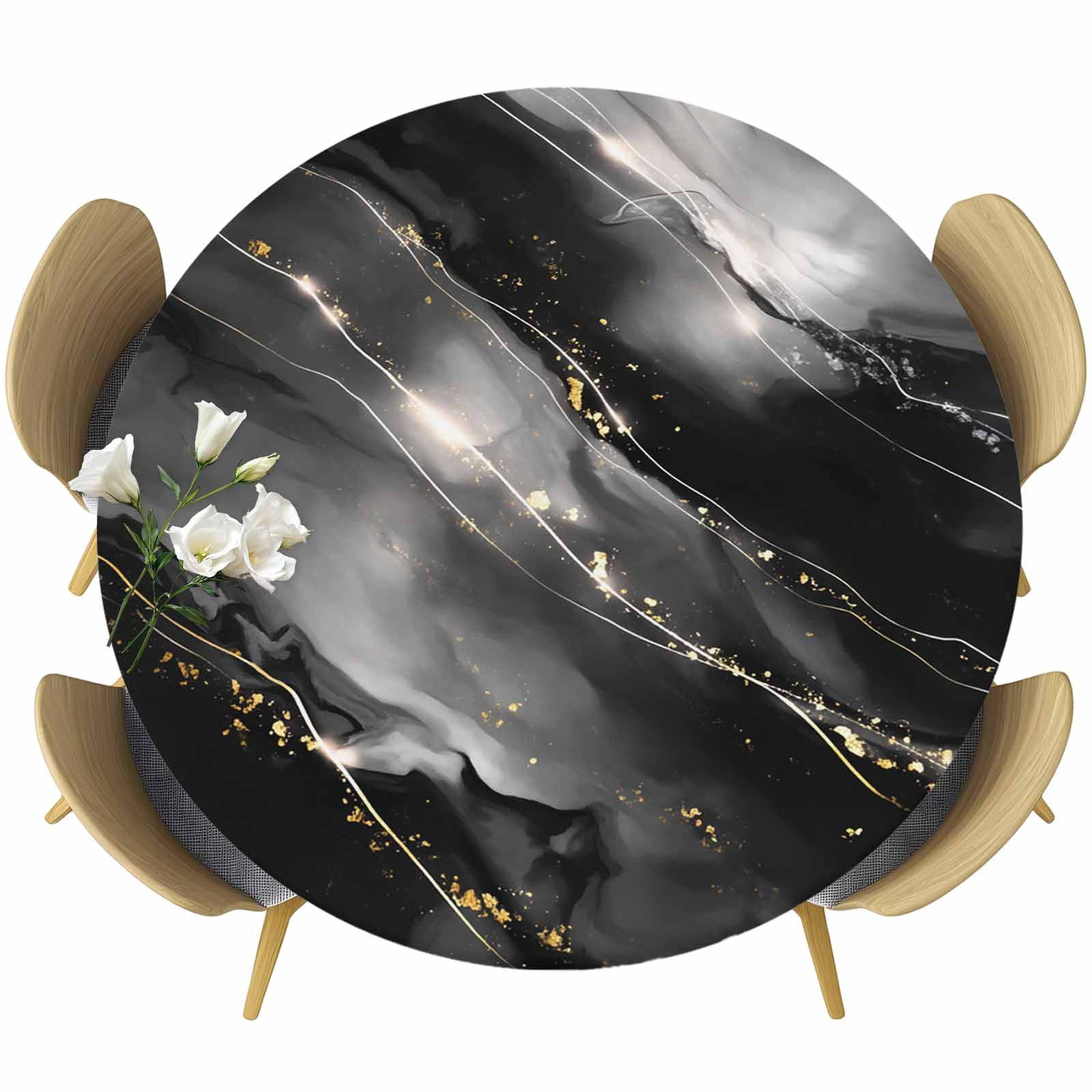 Blake Gray Marble Round Tablecloth, Fitted Table Cover with Elastic for ...