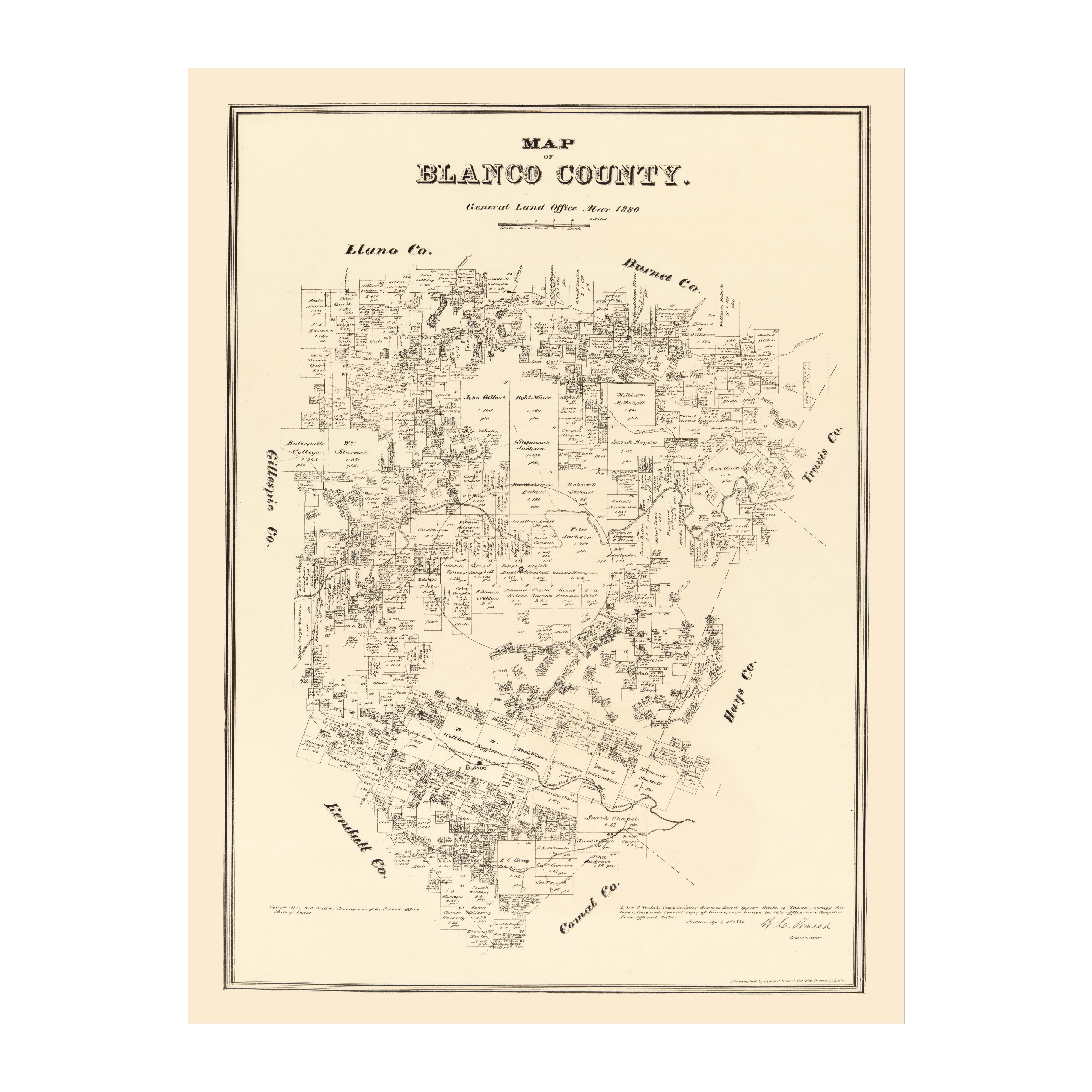 Blanco County Texas Art, 1879 Vintage Map of Blanco County TX History ...