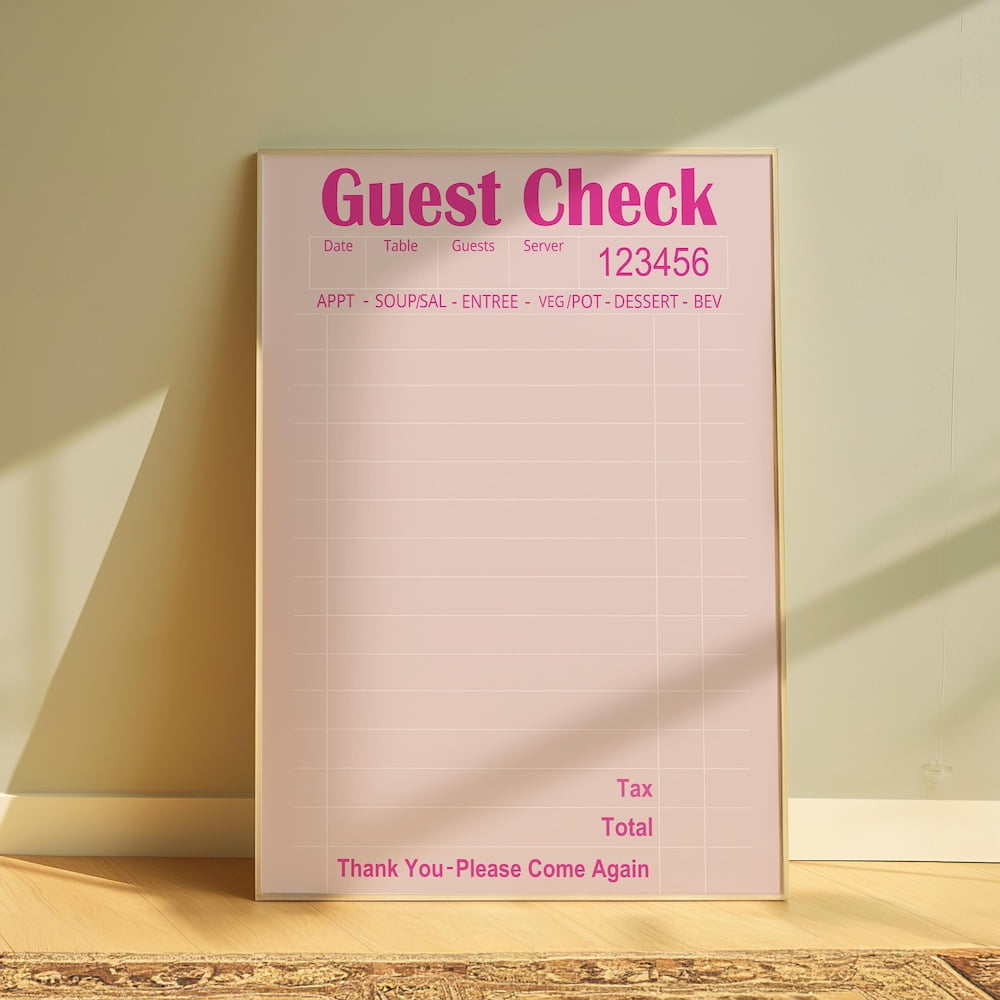 Blank Guest Check Poster, Trendy Wall Art, Apartment Wall Decor, Pink ...
