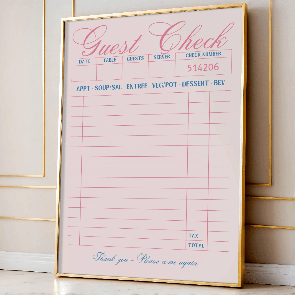 Blank Guest Check Poster, Vintage Pink Guest Check Wall Art, Blank Gift ...