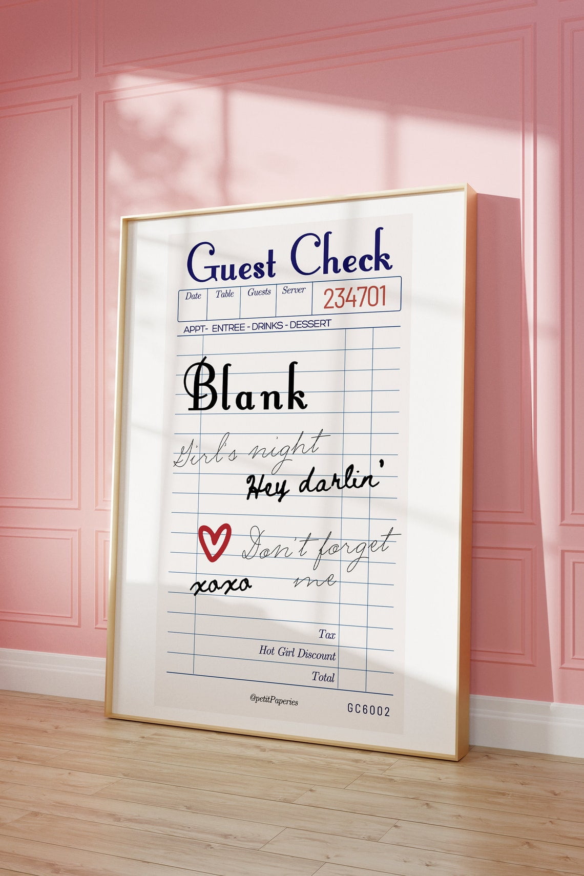 Blank Guest Check Receipt Print, Girl'S Night Dorm Wall Art Minimal ...