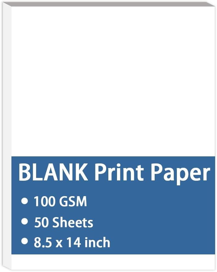 Blank Print Paper - 8.5" x 14" (216 x 355.6 mm) 50Sheets/100Pages Blank ...