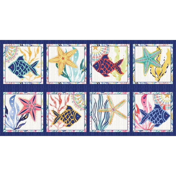 Blank Quilting Along The Coast Fish & Seaweed Blocks Dk Blue Cotton ...