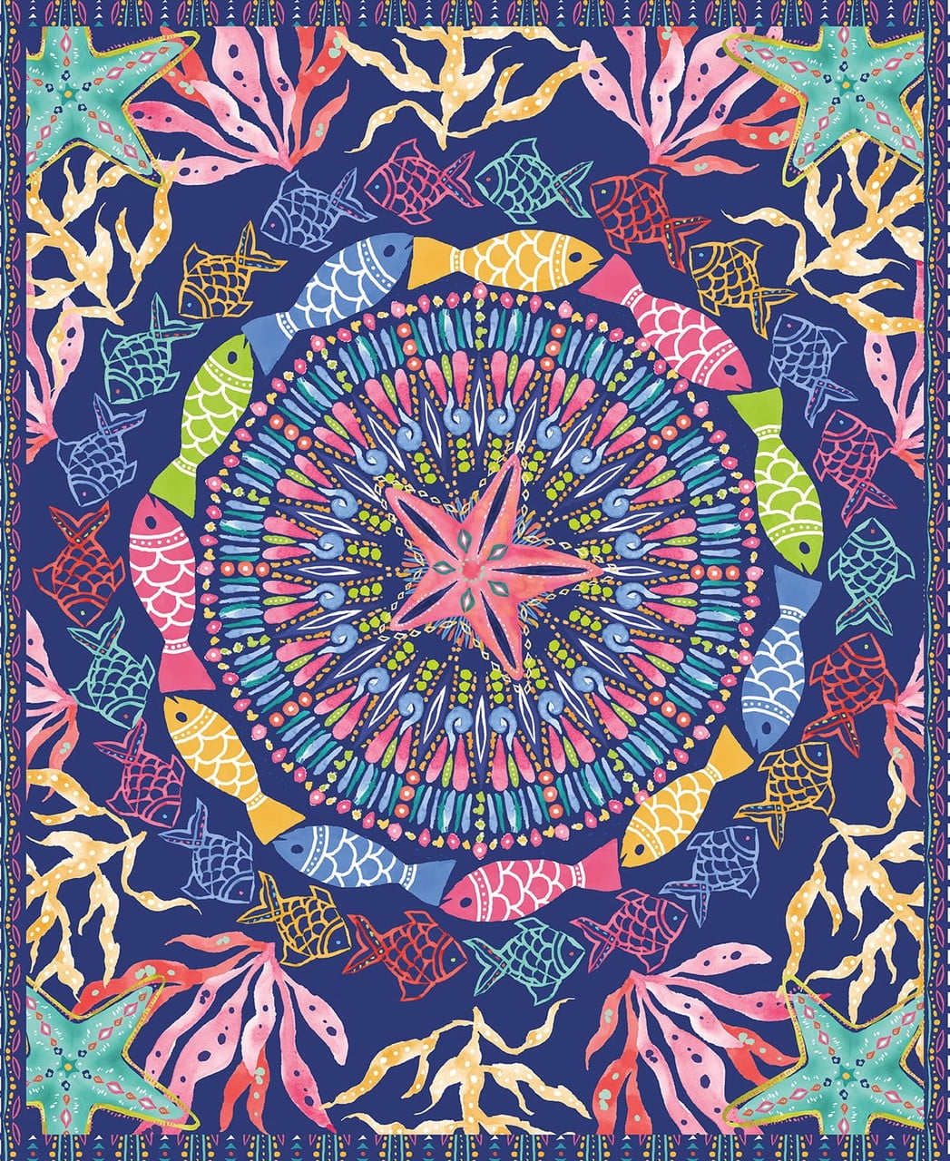 Blank Quilting Along The Coast Mandala Fish Panel Dk Blue Cotton Fabric ...