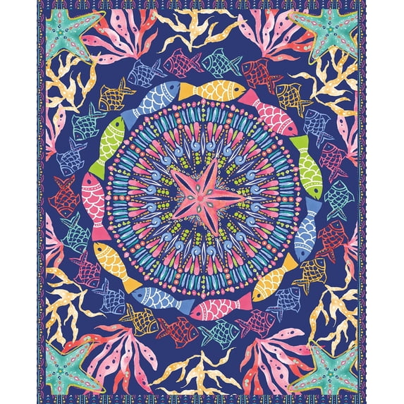 Blank Quilting Along The Coast Mandala Fish Panel Dk Blue Cotton Fabric ...
