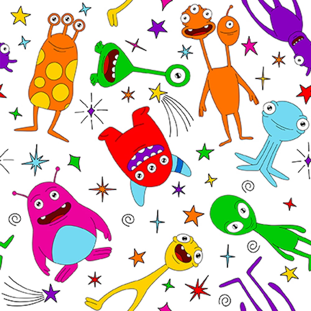 Blank Quilting Amazing Aliens Tossed Aliens White Cotton Fabric By The ...