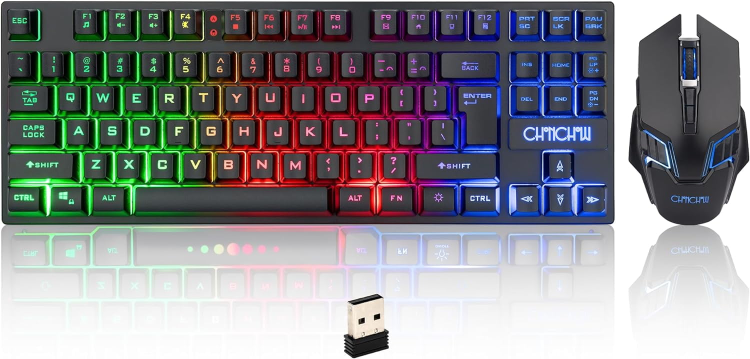Gaming Keyboard and Mouse Combo, Rechargeable 87 Key Light Up Keyboard ...